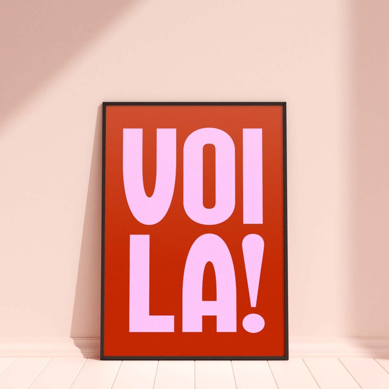 Voila French Quote, Printable Pink and Red Wall Art, Retro Typography ...