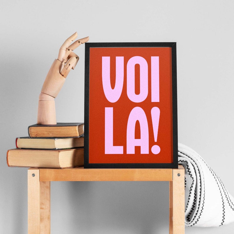 Voila French Quote, Printable Pink and Red Wall Art, Retro Typography ...