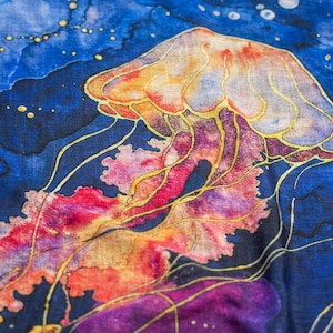 Blue Gold Jellyfish Scarf: Batik Watercolor Style Accessory - Etsy