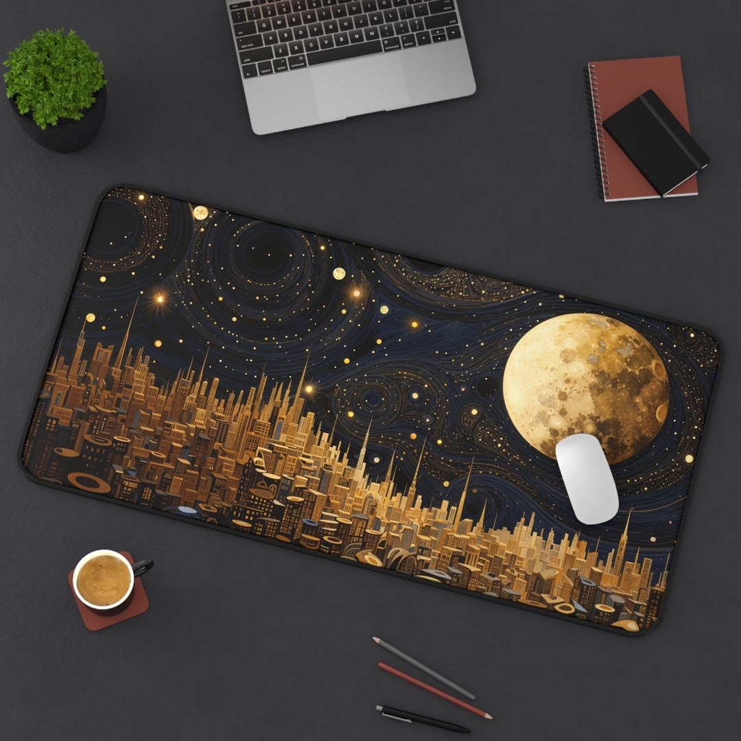 Urban Moonlight Gold Desk Mat: Hyperrealistic Cityscape With - Etsy