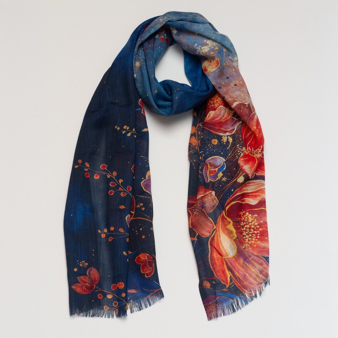 Floral Scarf: Deep Blue, Red Blossoms, Golden Accents - Etsy