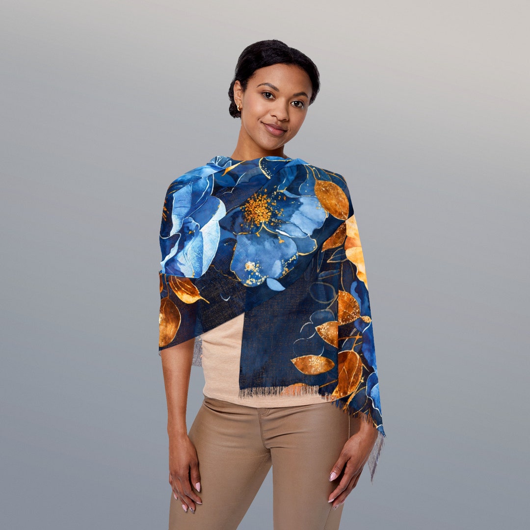 Floral Spring Scarf Blue Wildflower Bouquet With Gold Accents Batik ...