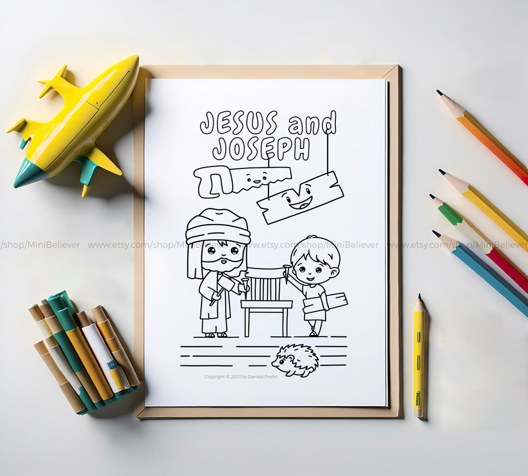 Jesus and Joseph Coloring Page, Sunday School Supplies, Bible Verse ...
