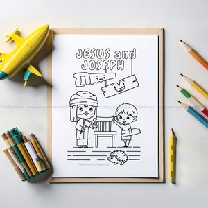 Jesus and Joseph Coloring Page, Sunday School Supplies, Bible Verse ...