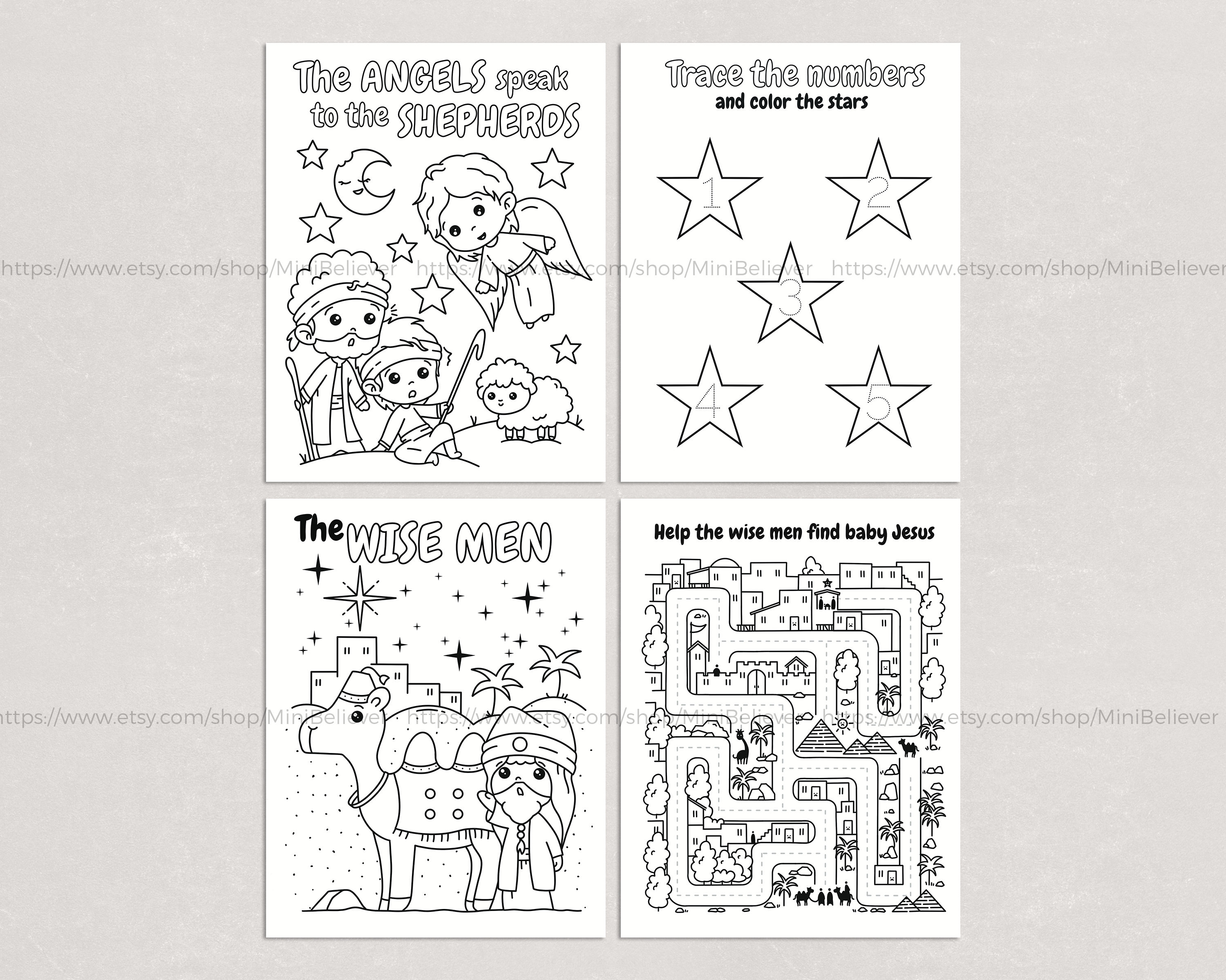 4 Christmas Activity Pages, Angels, Shepherds & Wise Men Coloring ...