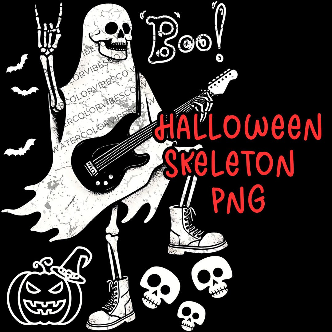 Skeleton Halloween PNG, Rock on PNG, Cute Vintage Ghost PNG, Rocker ...