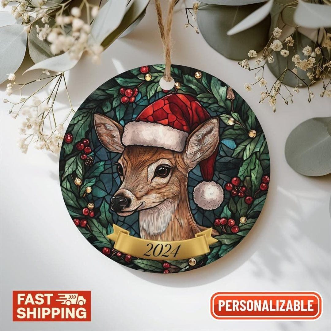 Christmas Doe Ornament Hand Painted Holiday Decor Santa Hat Festive ...