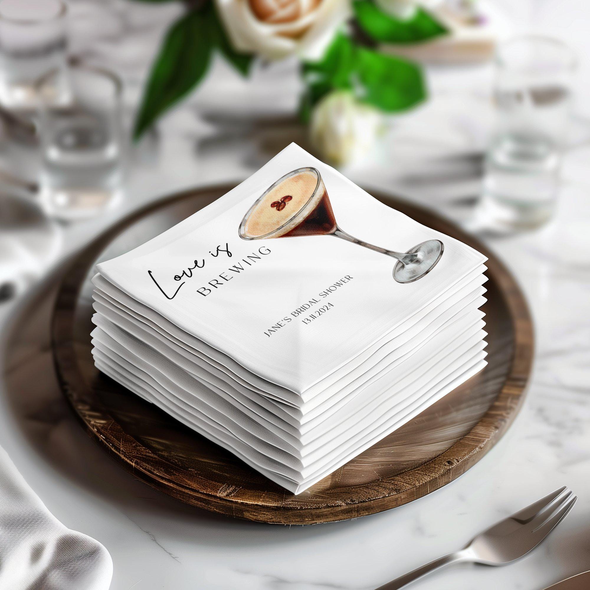 Love is Brewing Cocktail Napkins, Custom Espresso Wedding Bar Napkins ...