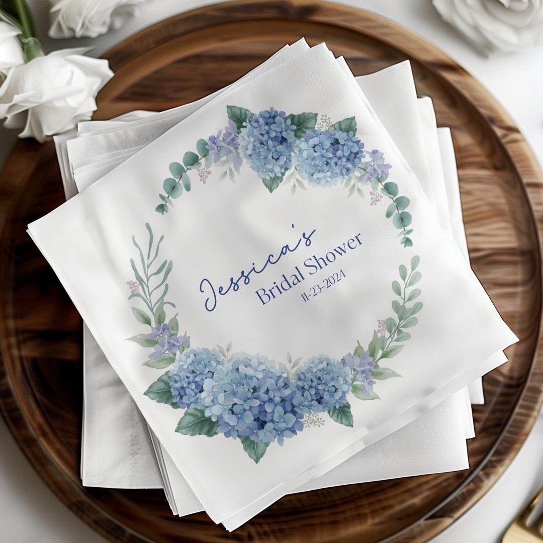 Custom Hydrangea Wedding Cocktail Napkins, Custom Blue Bridal Shower ...