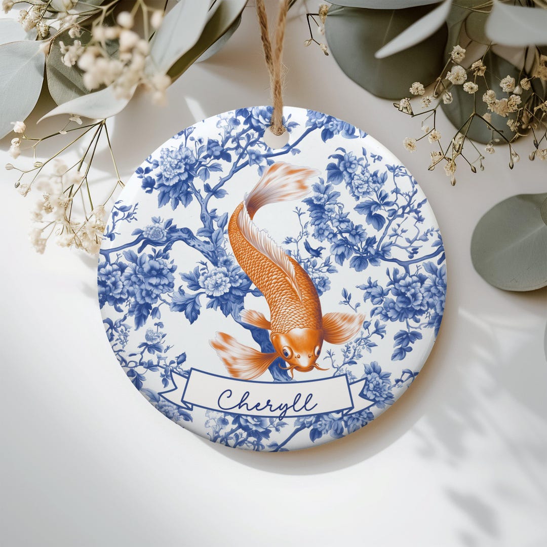 Koi Fish Ornament, Blue Toile Koi Fish Ornament, Chinoiserie Themed ...