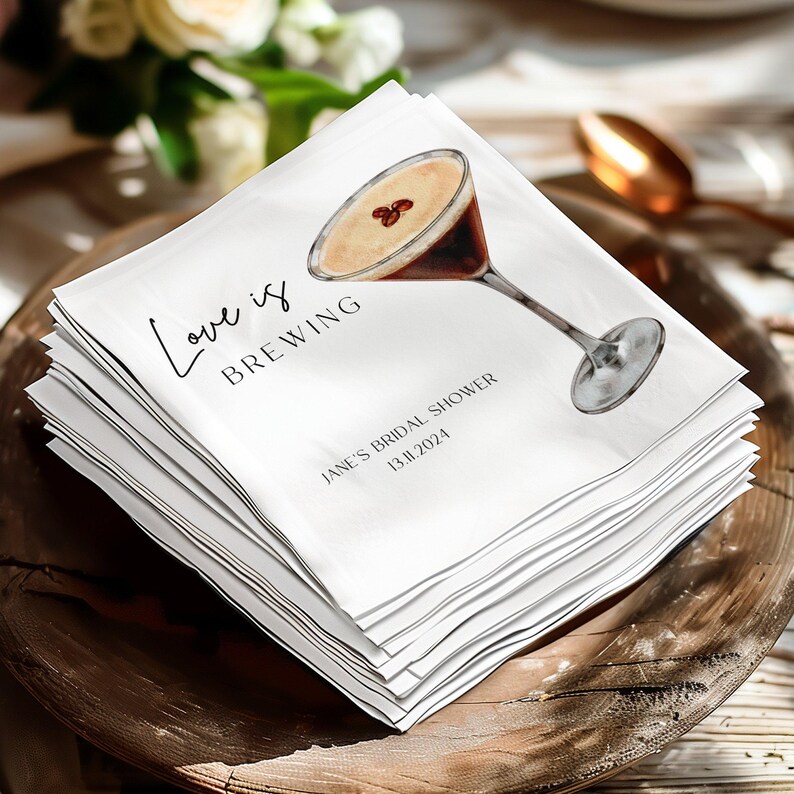 Love is Brewing Cocktail Napkins, Custom Espresso Wedding Bar Napkins ...