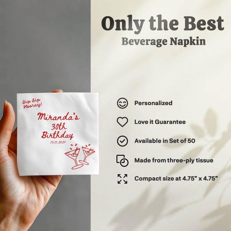 Custom Sip Sip Hooray Cocktail Napkins Personalized Birthday Beverage ...