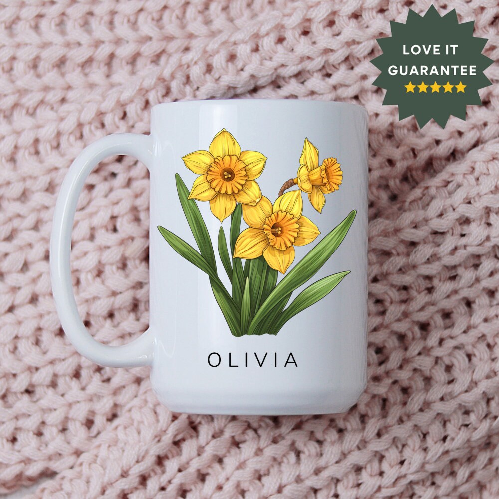 Birth Flower Mug Daffodil Coffee Mug, April Birthday Gift, Custom Name ...