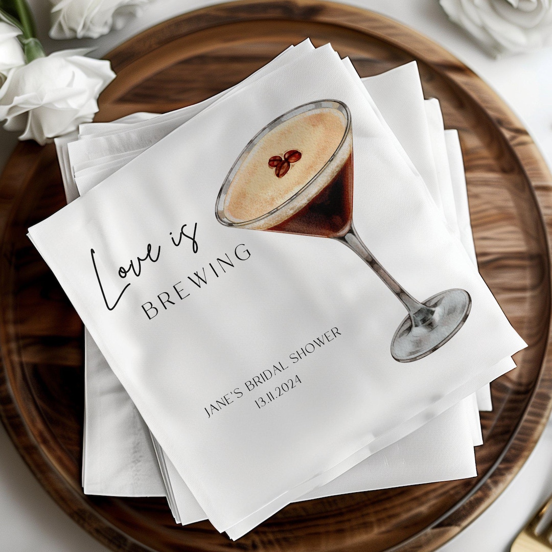 Love is Brewing Cocktail Napkins, Custom Espresso Wedding Bar Napkins ...