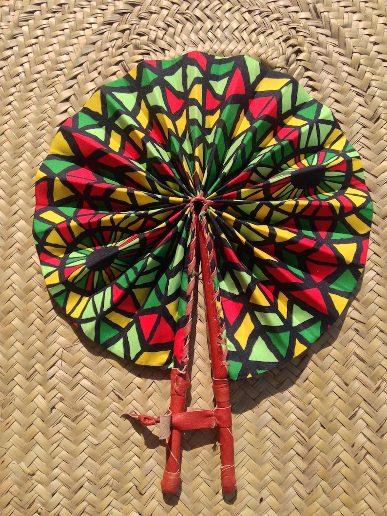 African Ankara Fabric Hand Fan, Leather Handle, Colorful Folding Fan - Etsy