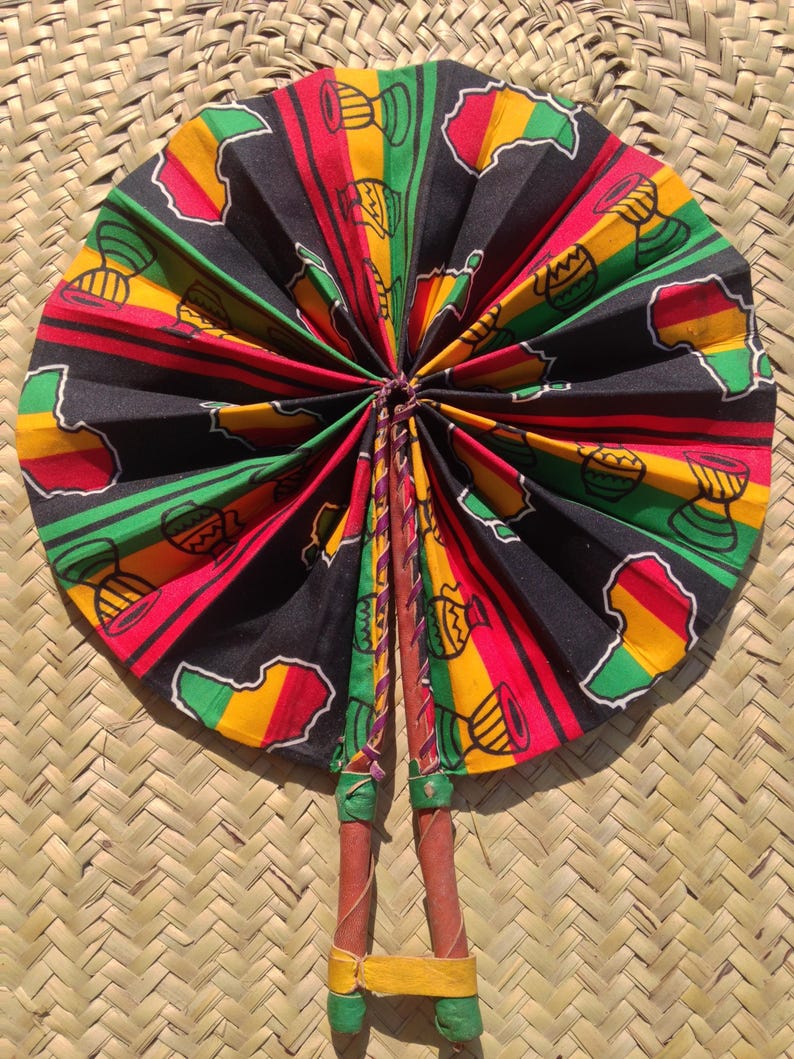 African Ankara Fabric Hand Fan, Leather Handle, Colorful Folding Fan - Etsy