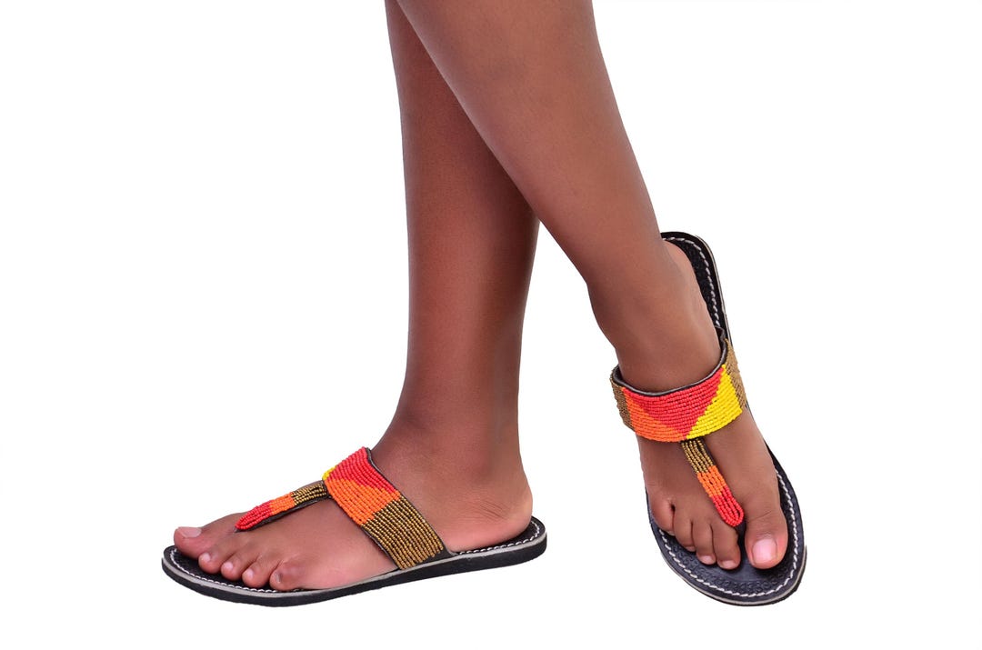 Boho Multicolored Sandals – Beaded African Masai Leather Slippers ...
