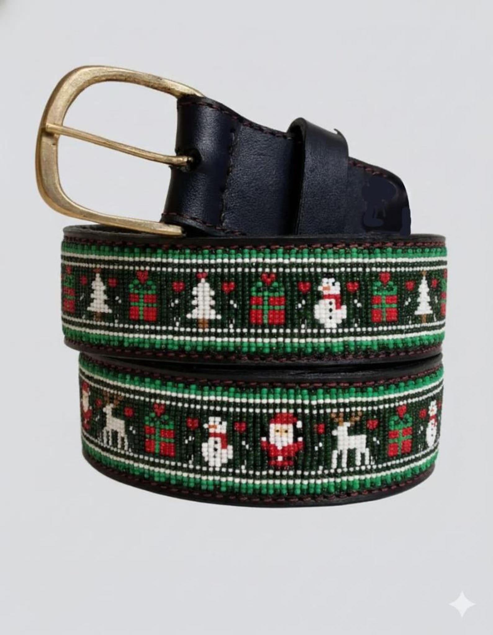 Beaded Leather Belt – Christmas Theme - Green - Santa Claus & Xmas Tree ...