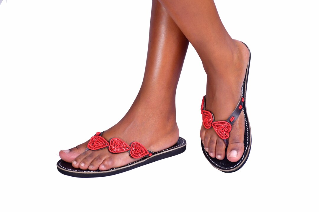 Boho Red Hearts Sandals – Beaded African Masai Leather Slippers ...