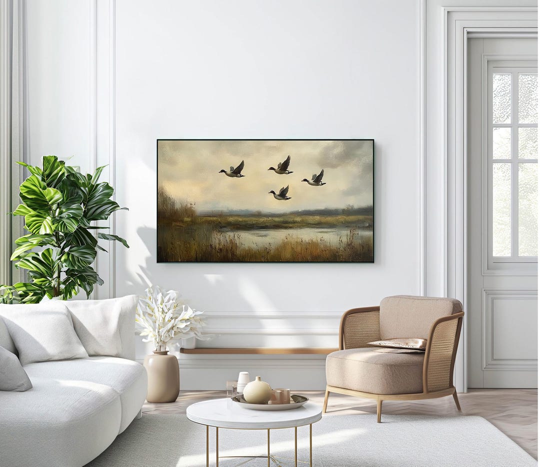 Soaring Ducks Over Wetlands • Soft Neutral Marsh Landscape • Calm ...