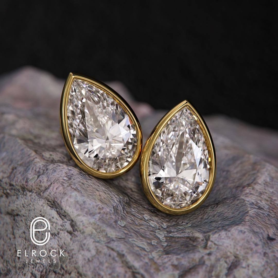 Bezel Set Pear Shape Lab Grown Diamond Stud Earrings, Unique Minimal ...