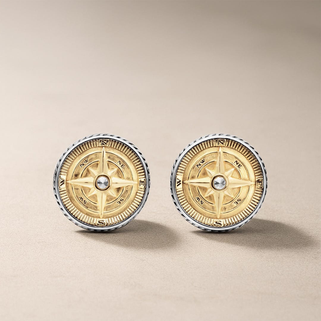 Men's Compass Cufflinks With Lab Grown Diamonds, Round Gold & Silver ...