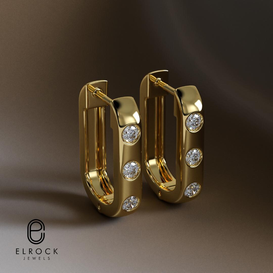 14K Gold and Diamond Huggies, U-shape Diamond Hoop, Dainty Bezel Set Hoop, Trendy Diamond ...