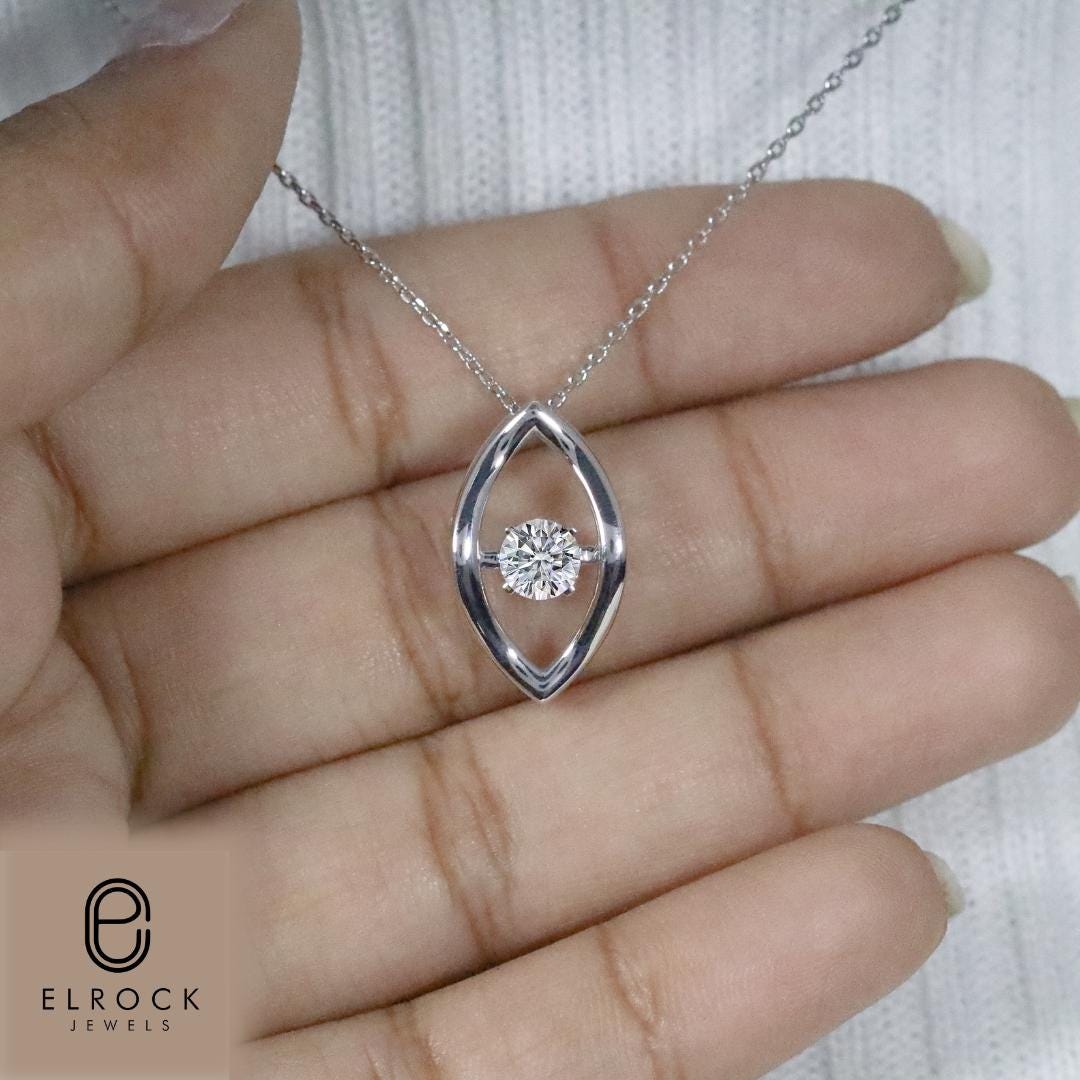 14k Solid Gold Dancing Diamond Necklace, Lab Grown Moving Diamond ...