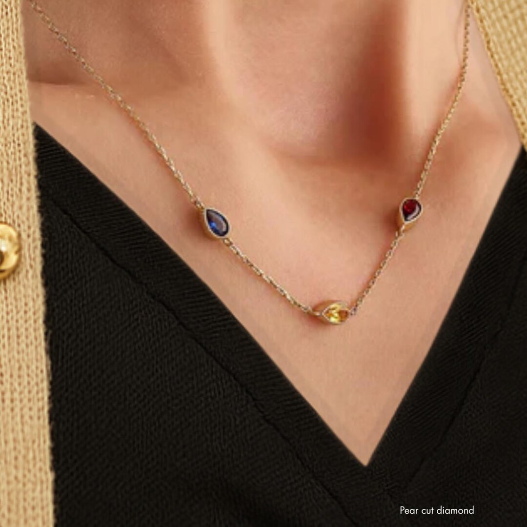 Custom Pear Birthstone Necklace, 14k Gold Dainty Necklace, Family Gift ...