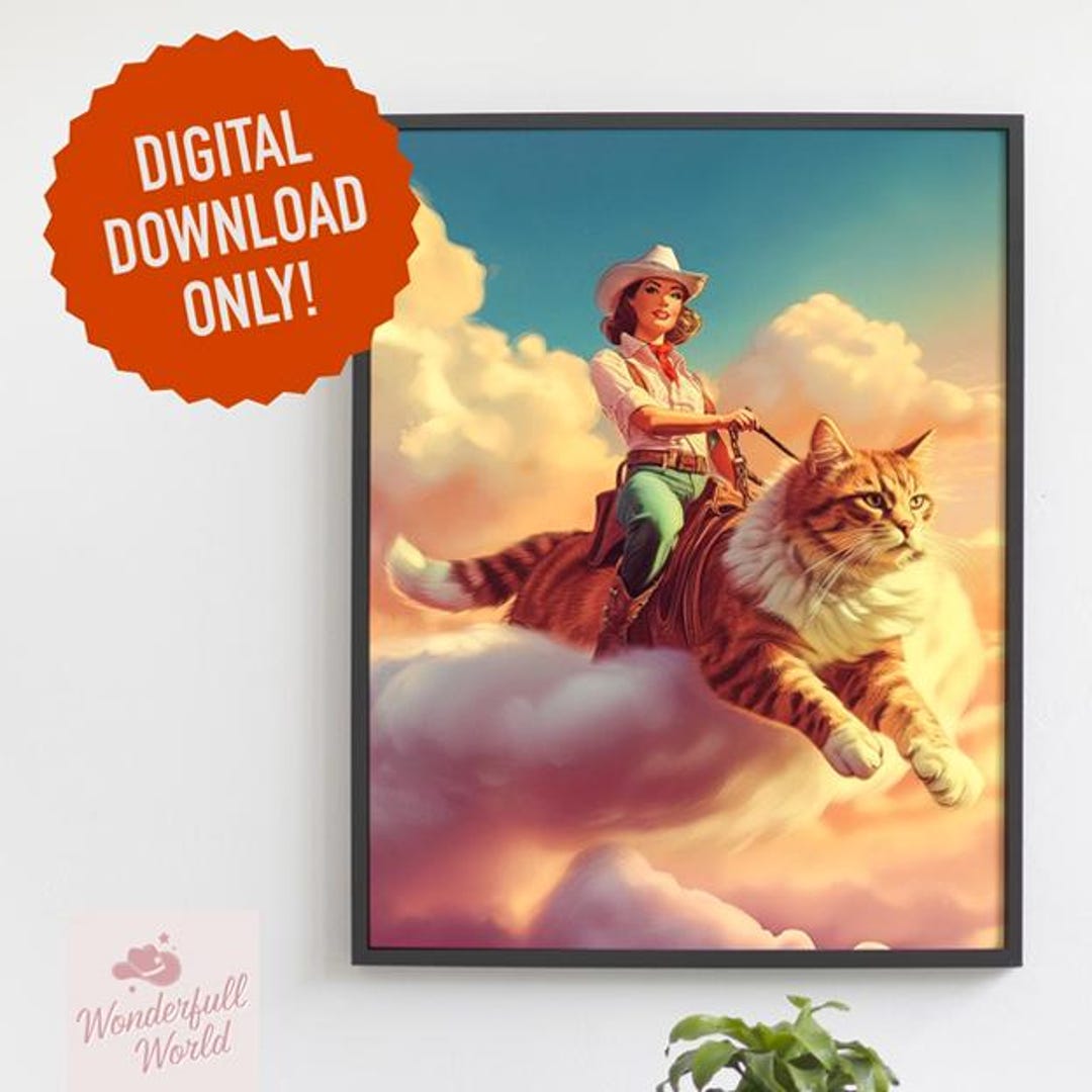 Cowgirl Rodeo Cat Digital Download Animal Art Retro Dorm Poster Vintage ...