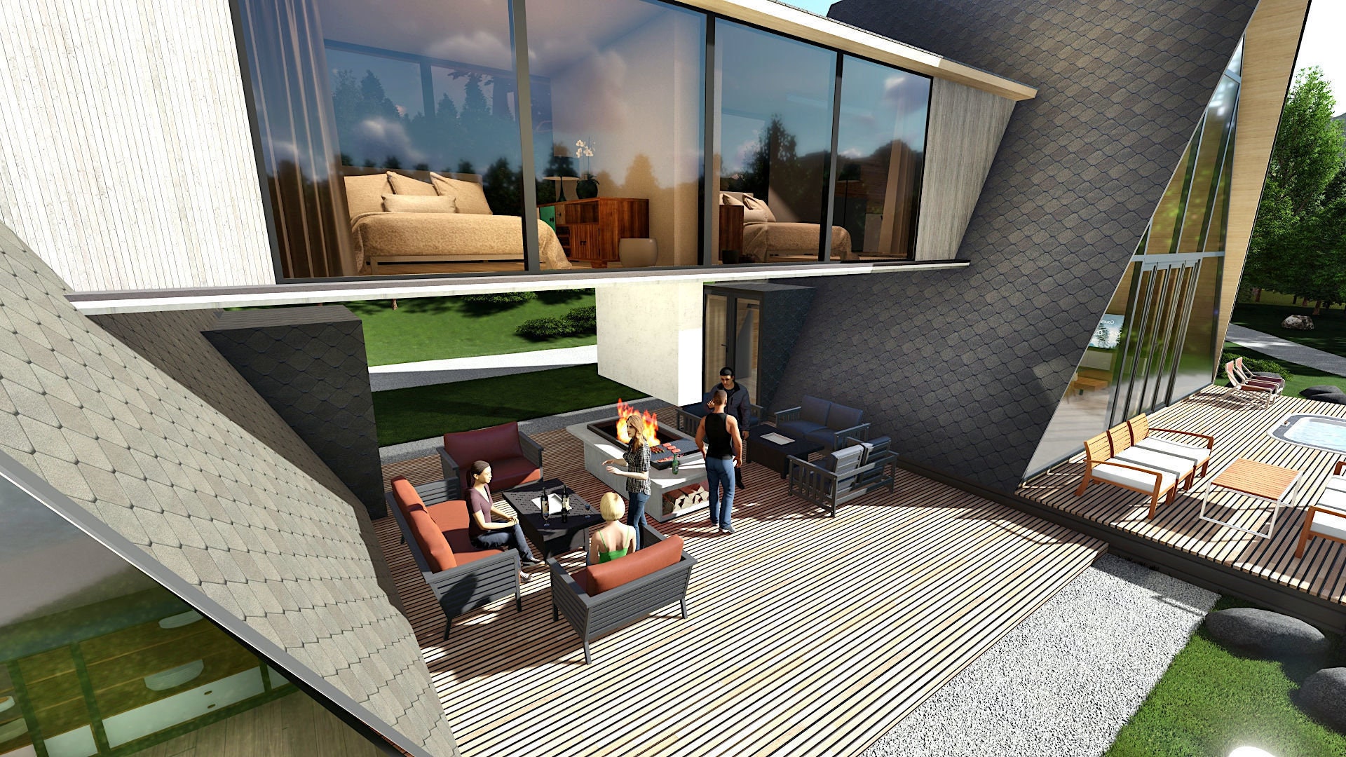 Full Detailed Double Tiny House Plan With Bridge 7m X 9m - Modern Floor ...