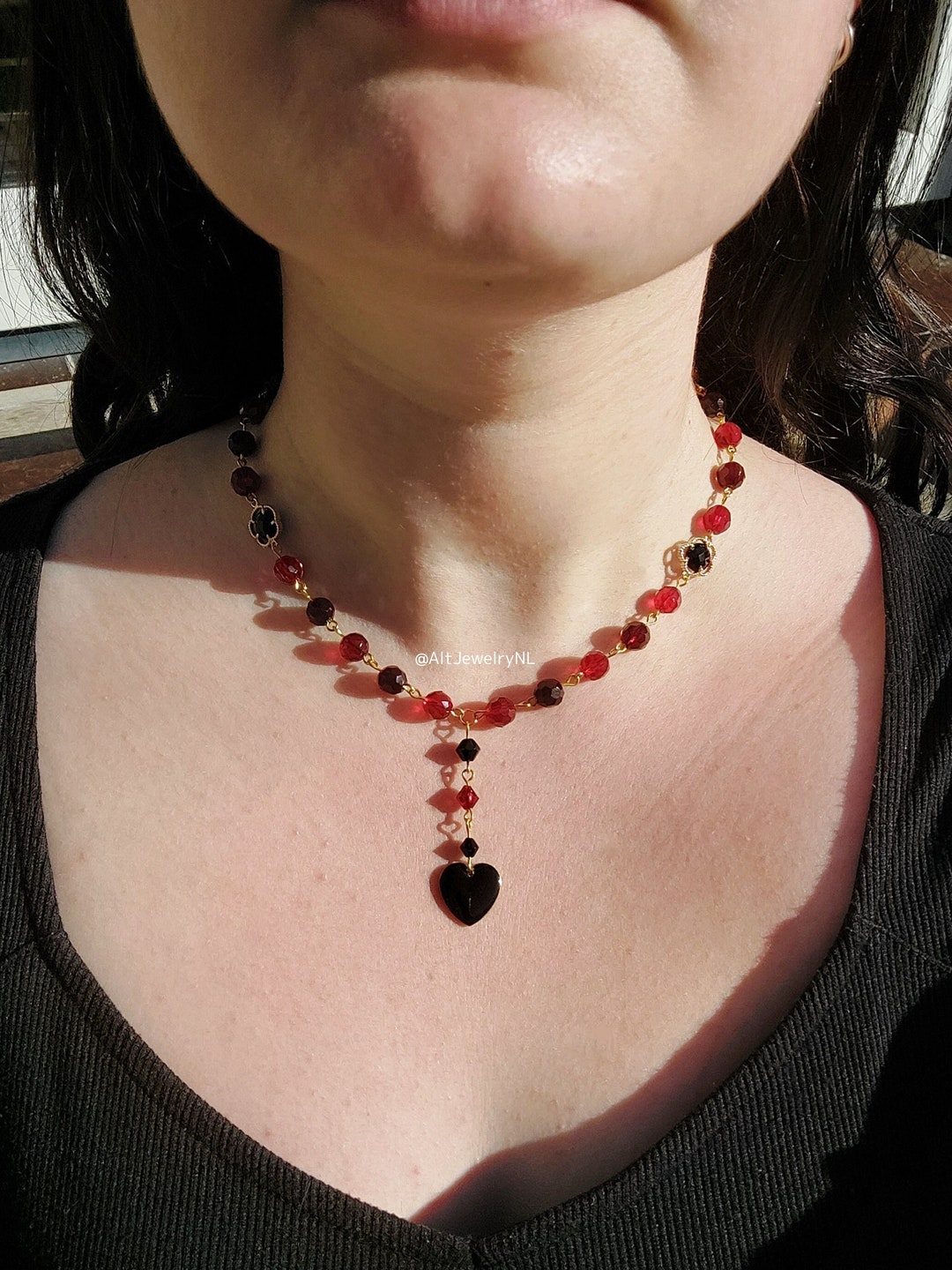 Handmade Red and Black Beaded Gold Necklace With Heart Pendant - Etsy