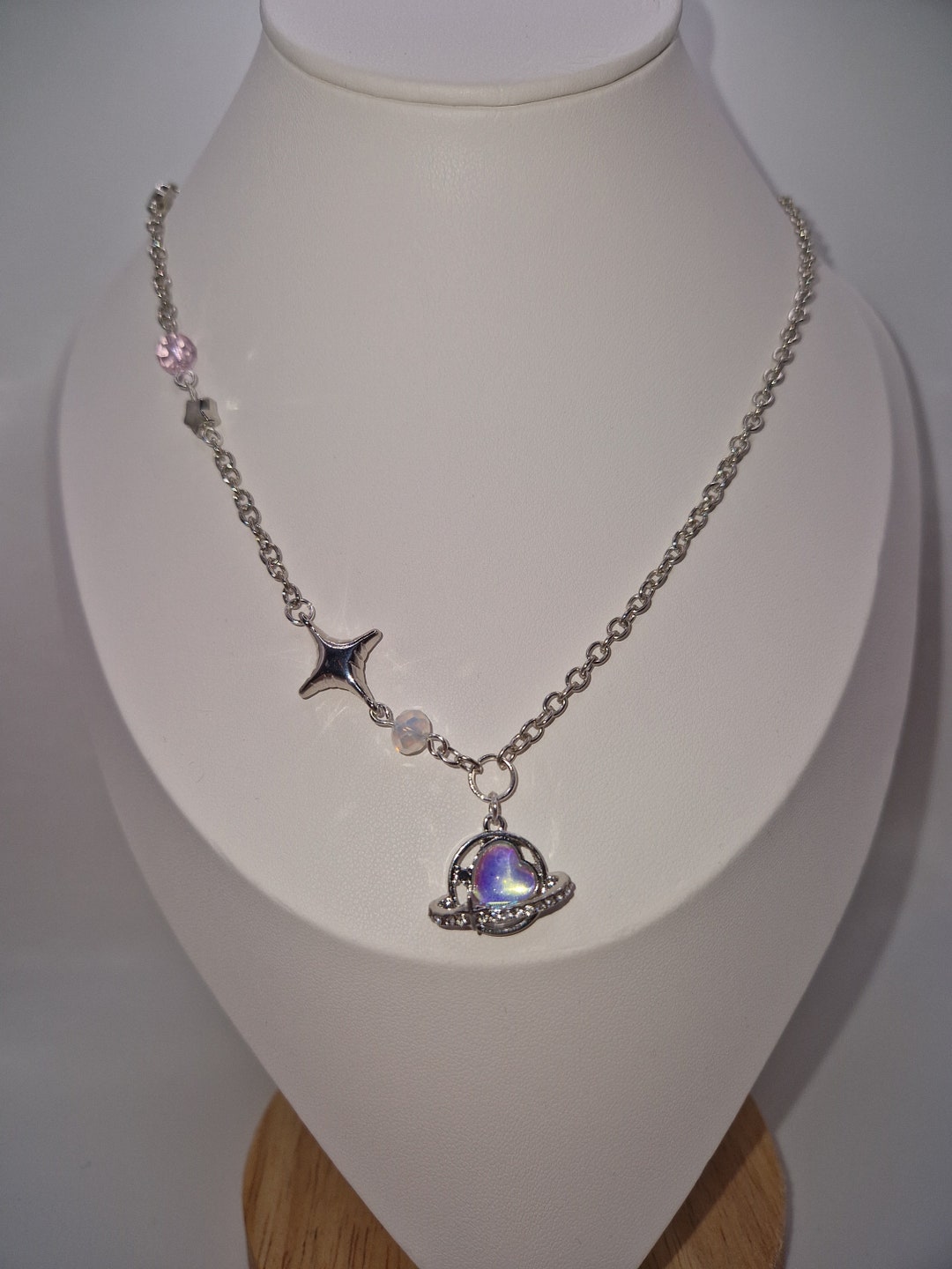 Handmade Cybercore Fairycore Y2k Silver Necklace With Heart Planet ...