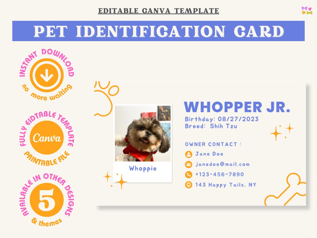 Pet Identification Card Canva Template Editable Pet ID - Etsy