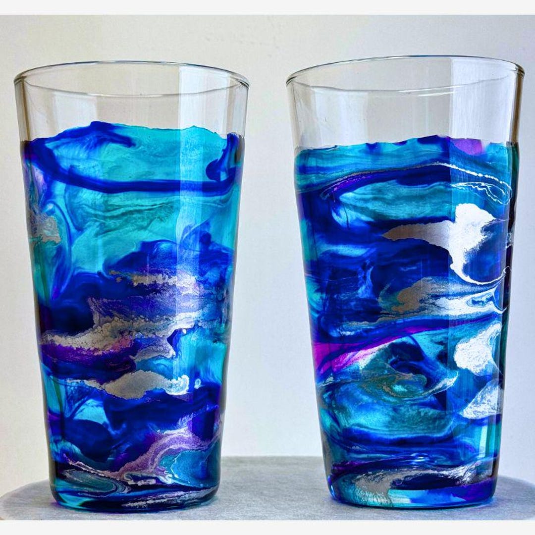 Handcrafted Stained Glass Effect Pint Glass Set–sapphire & Peacock Blue ...