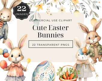 Cute Easter Bunny Clipart, Boho Bunny Clipart, Pastel Watercolor ...