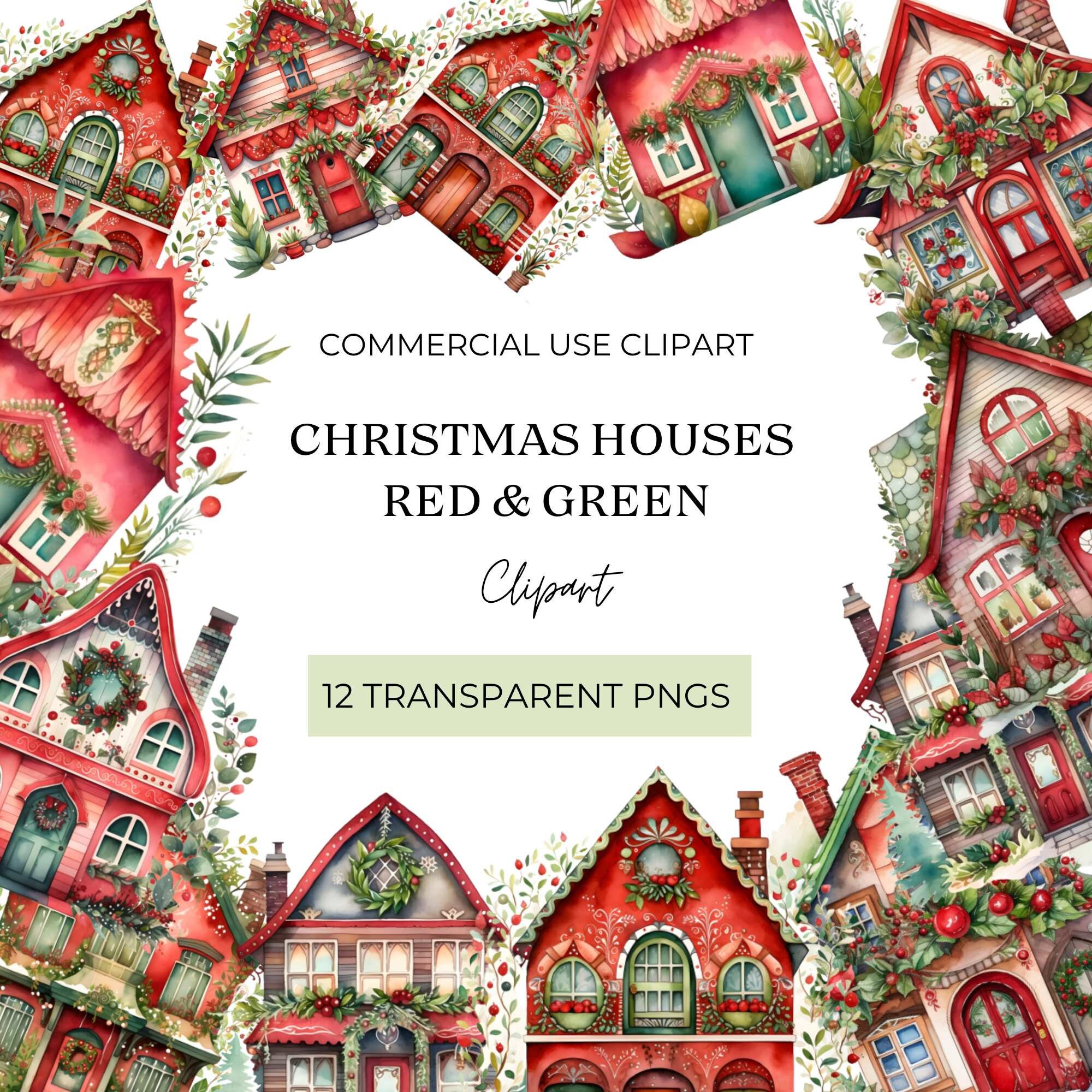 Christmas House Watercolor Clipart,winter House PNG, Red & Green House ...