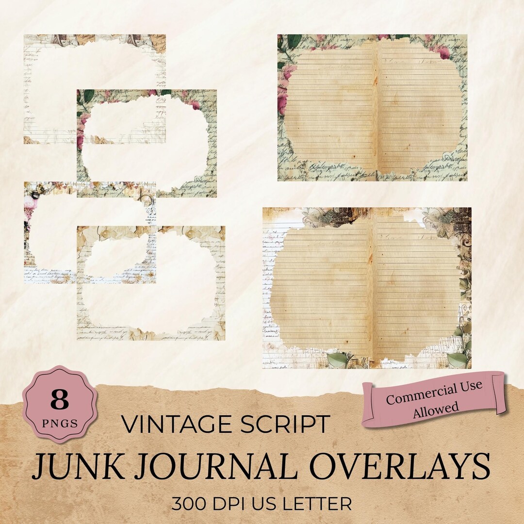 Vintage Script Junk Journal Overlays PNG, Floral Grunge Pages, US ...