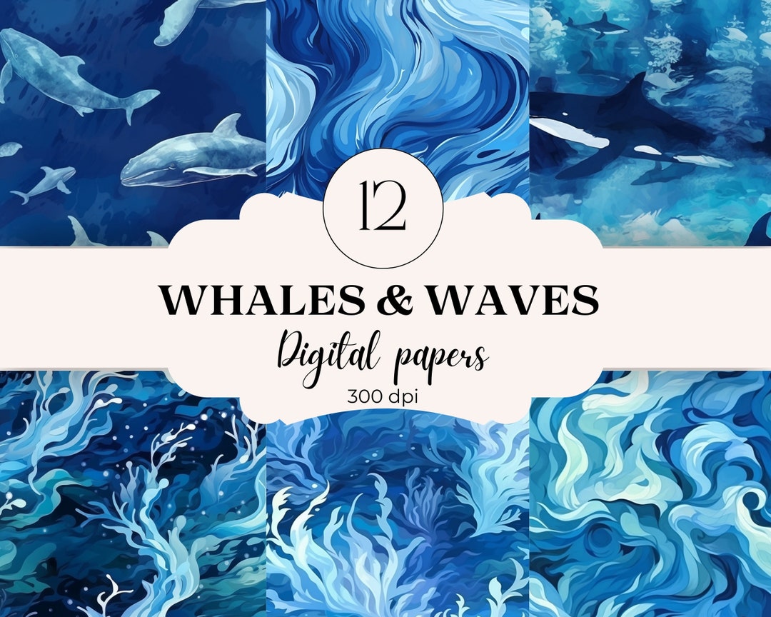 Whales and Waves Digital Papers, Sea Life Collage Sheets, Printable ...