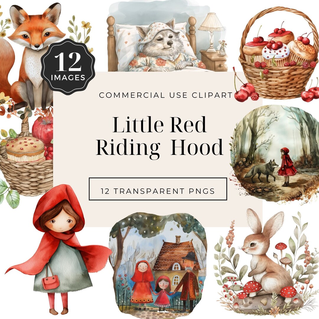 Watercolor Little Red Riding Hood Watercolor Clipart, Woodland Animals ...