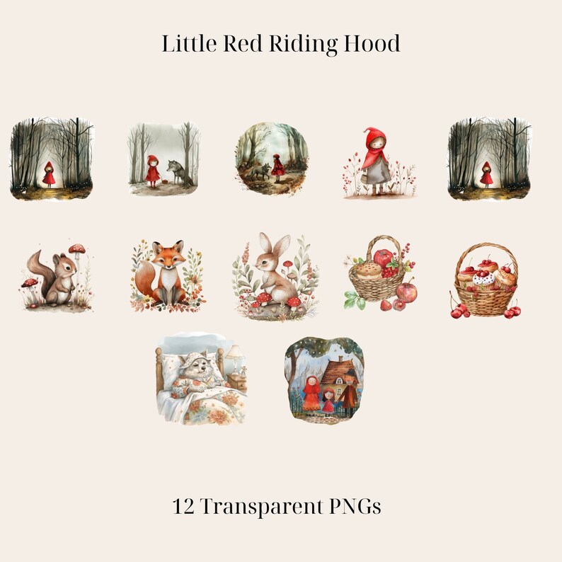 Watercolor Little Red Riding Hood Watercolor Clipart, Woodland Animals ...