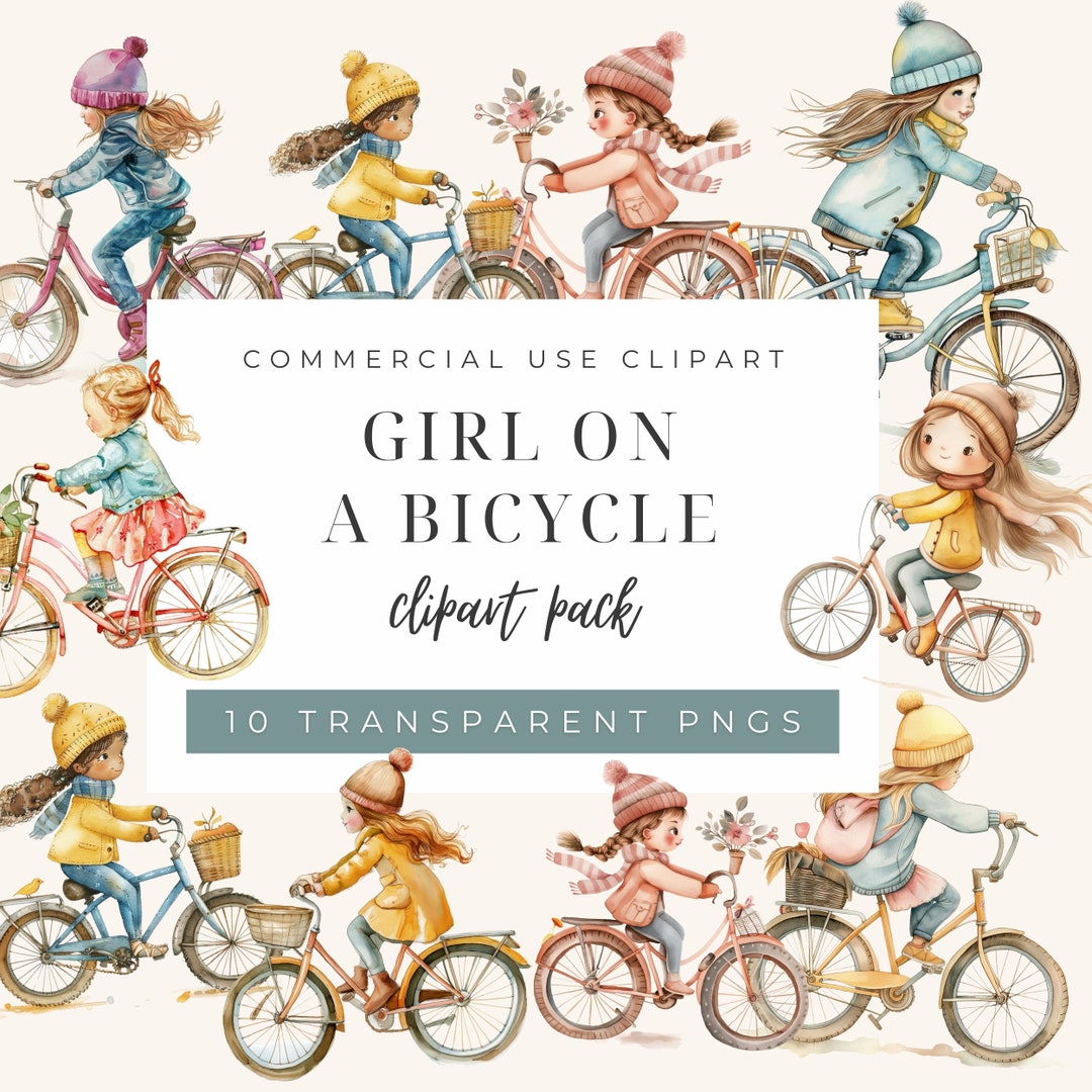 Girl on a Bicycle Clipart , Whimsical Little Girl on a Bike, Cycles ...