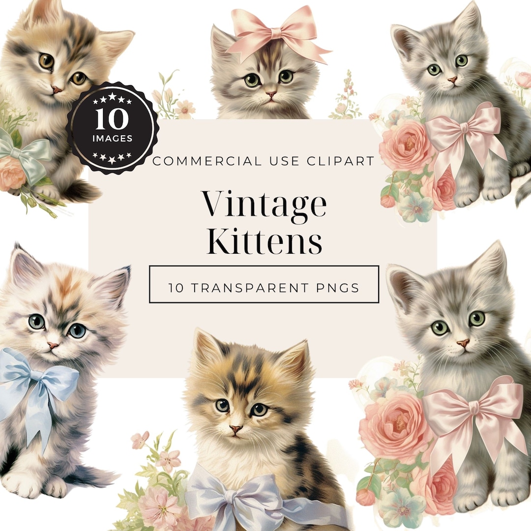 Vintage Kitten Clipart,retro Nursery Baby Kittens, Printable Decals ...