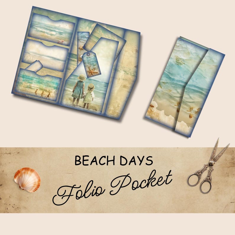Beach Junk Journal Folio, Blue Borders , Printable Pocket Ephemera ...