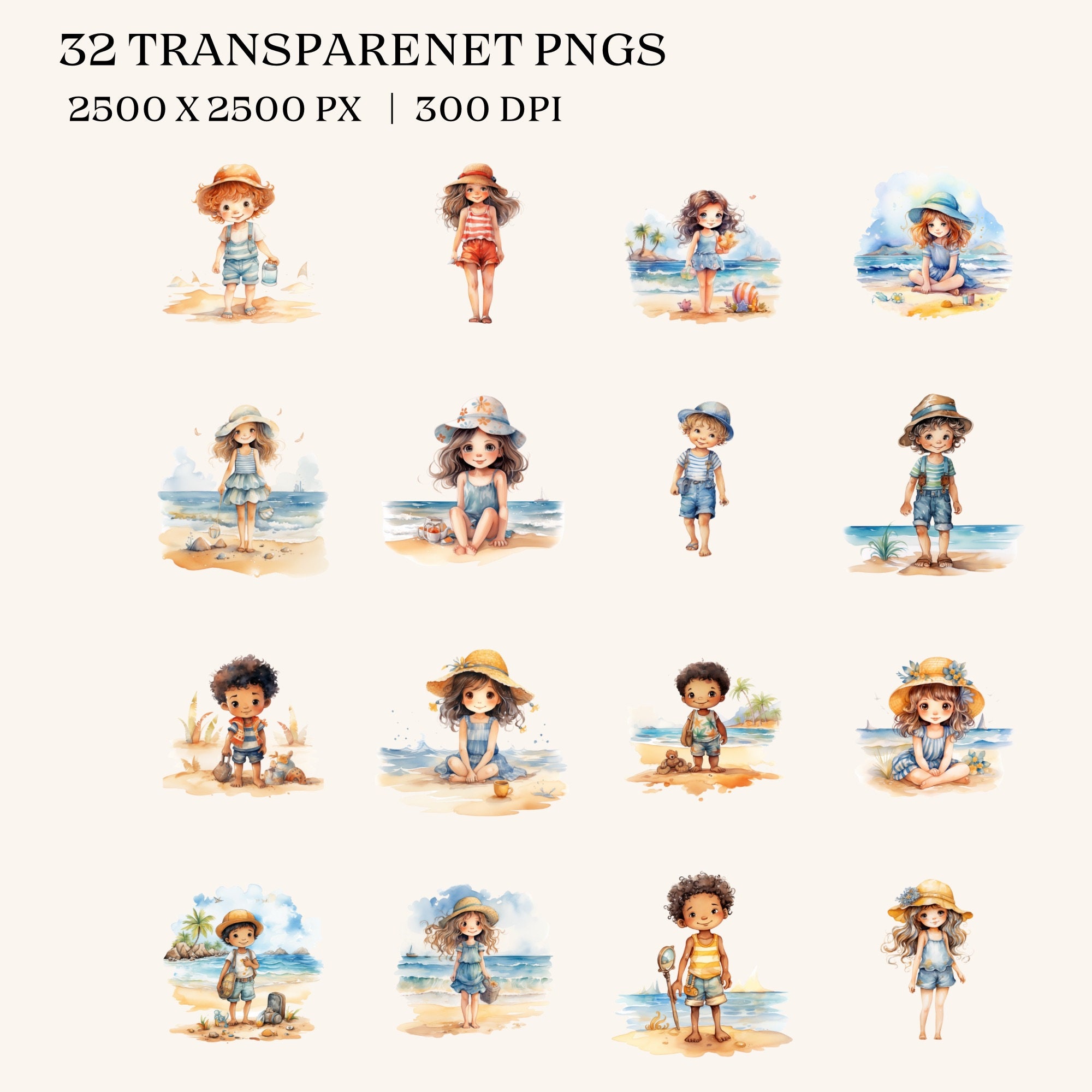 Cute Kids on the Beach Clipart Pack , Watercolour Images, Boys and ...