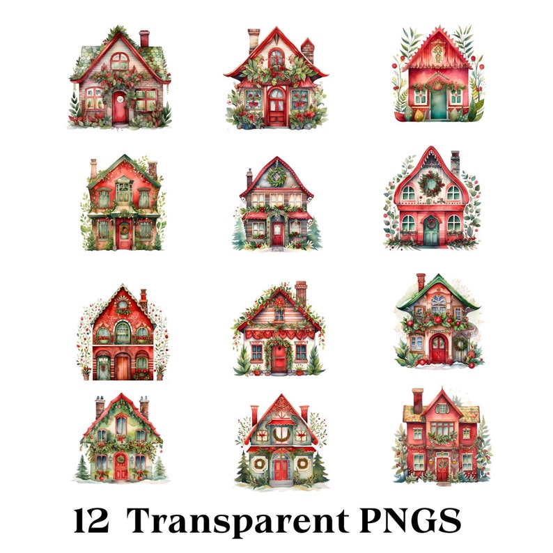 Christmas House Watercolor Clipart,winter House PNG, Red & Green House ...