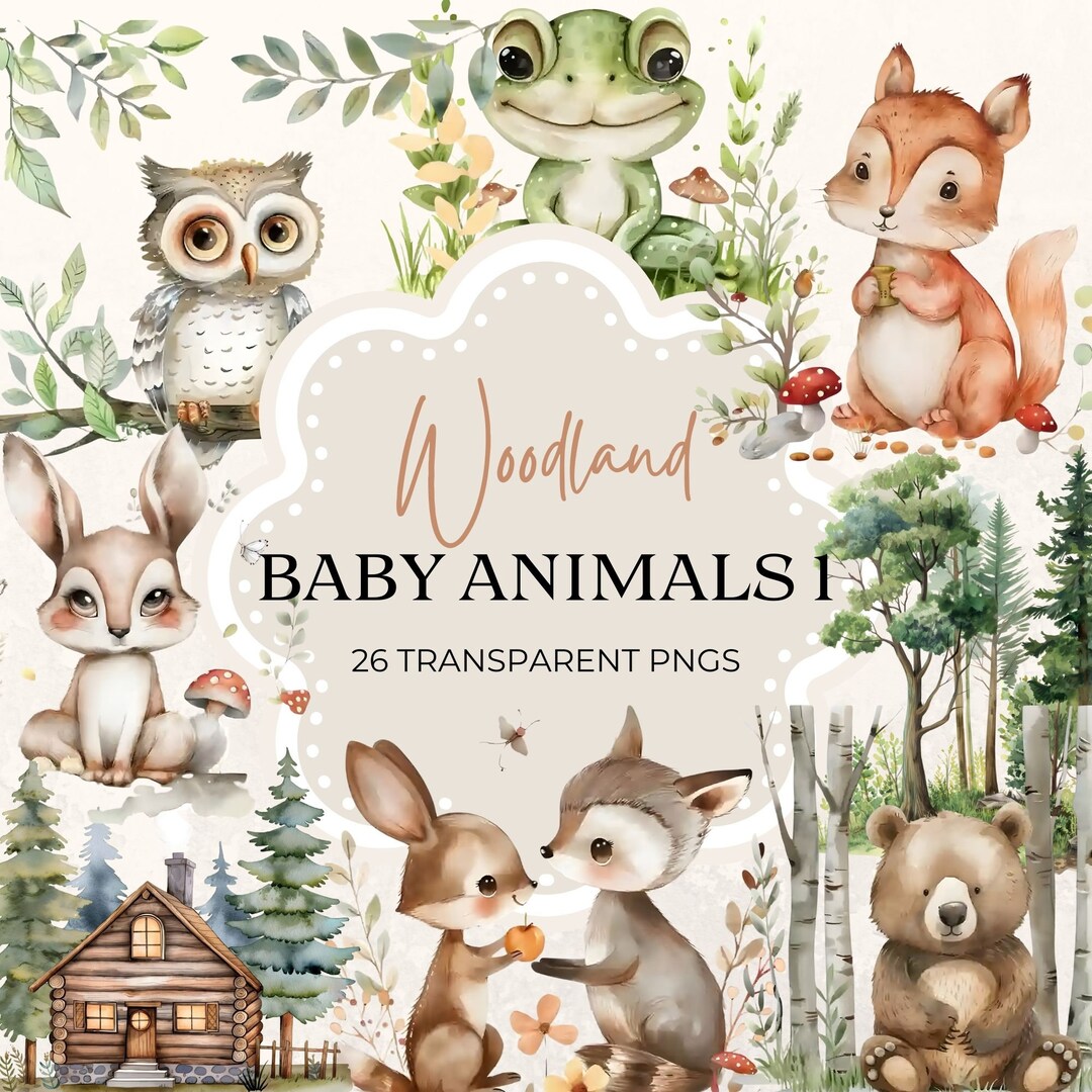 Woodland Animals Clipart Water, Baby Shower Graphics, Cute Forest Baby ...