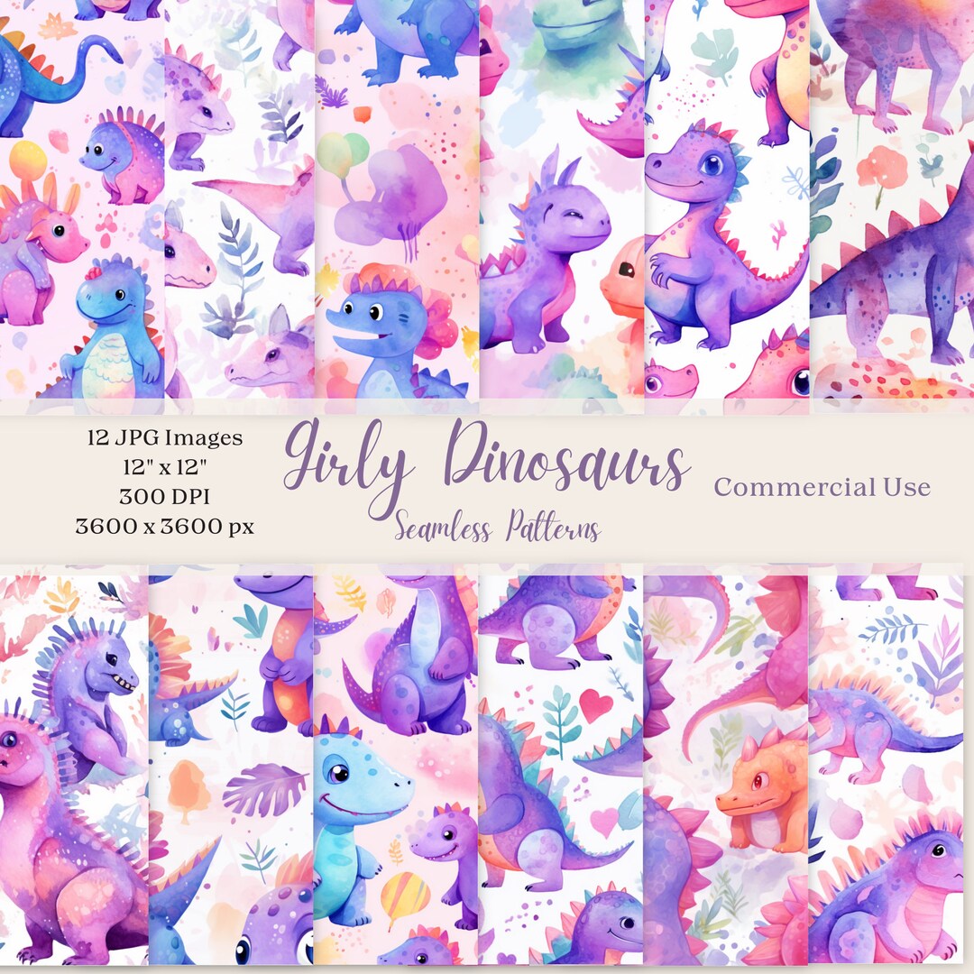 Girly Dinosaur Digital Paper,dinosaurs for Girls , Dino Girls - Digital ...