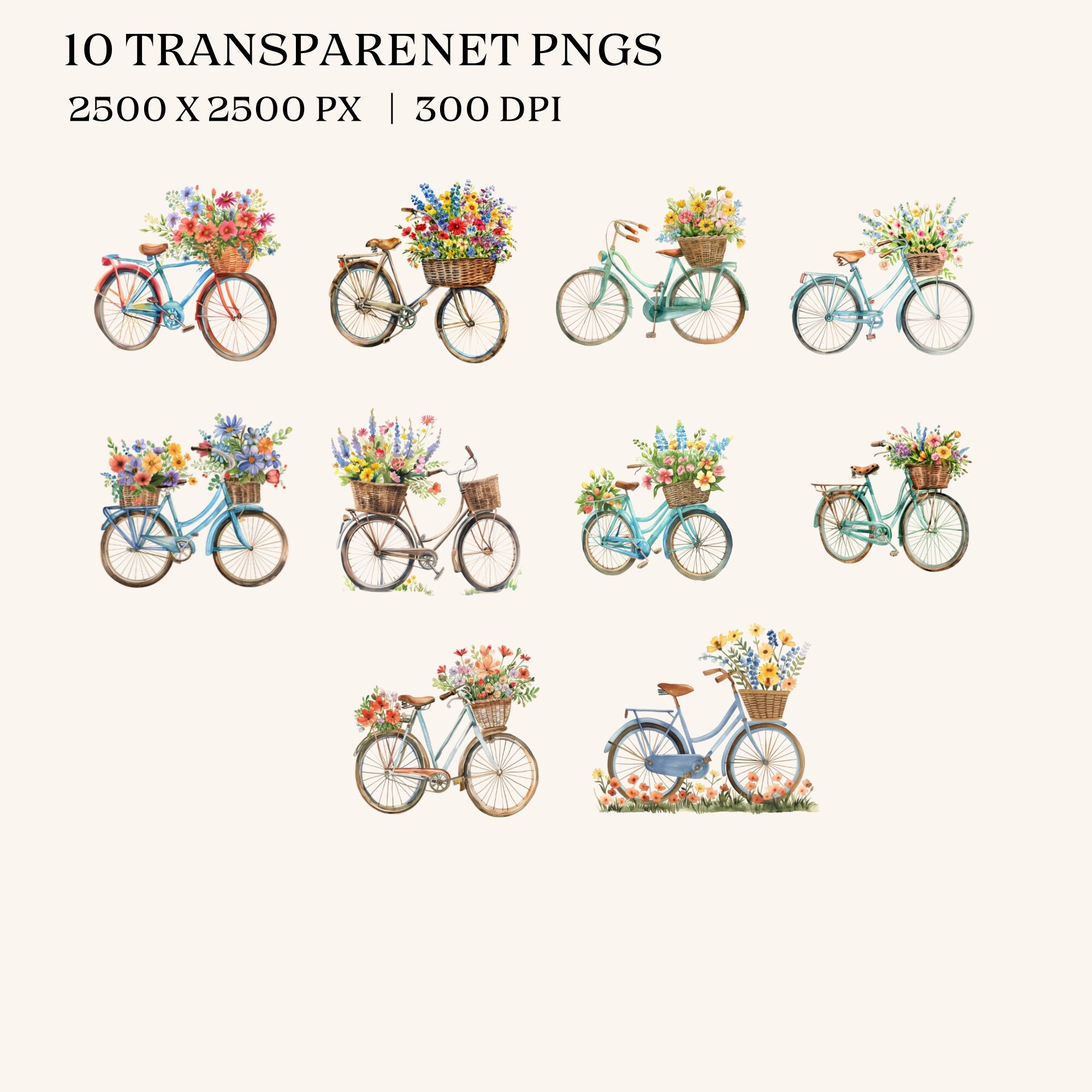 Vintage Bicycle Clipart Pack , Watercolour Images, Cycles With Floral ...