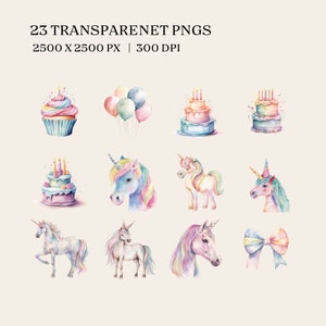Unicorn Party Watercolor Clipart Bundle Rainbow Stars & Cute Kawaii ...